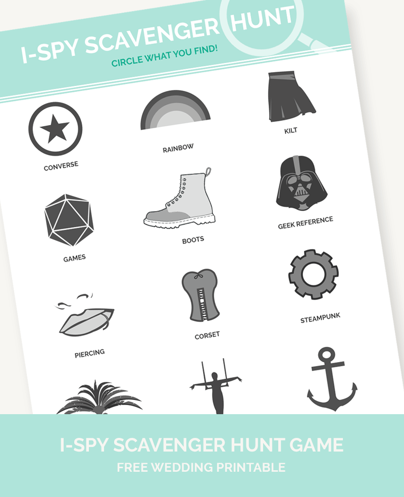Offbeat-themed I-Spy scavenger hunt reception game